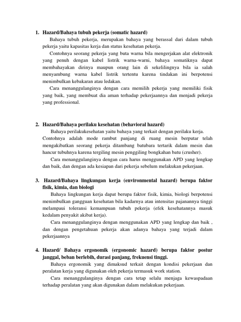 Jenis-Jenis Hazard di Tempat Kerja | PDF