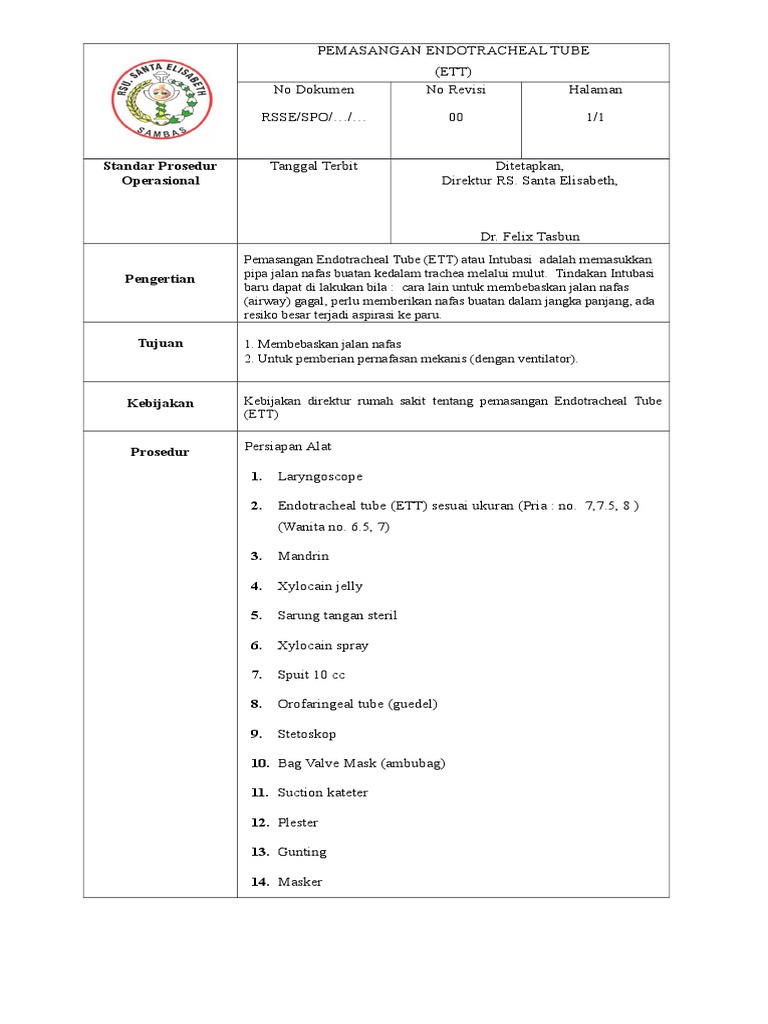 SOP Pemasangan ETT | PDF