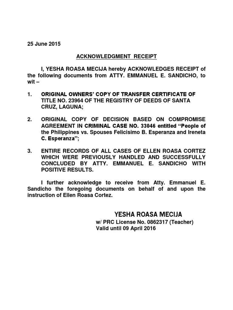 Acknowledgment Receipt of Documents | PDF