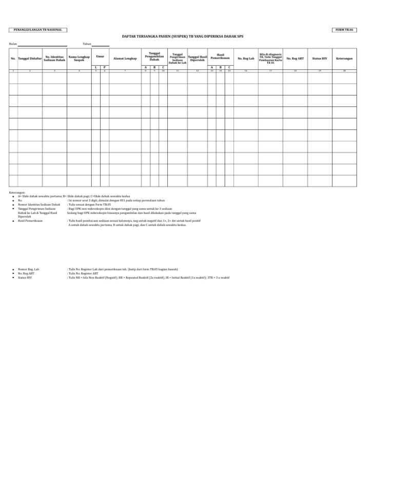 Form Daftar Tersangka Pasien TB (TB 06) | PDF