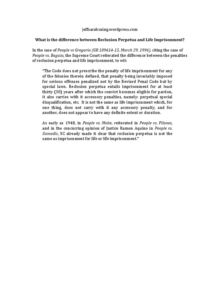 Reclusion Perpetua vs. Life Imprisonment | PDF | Life Imprisonment ...
