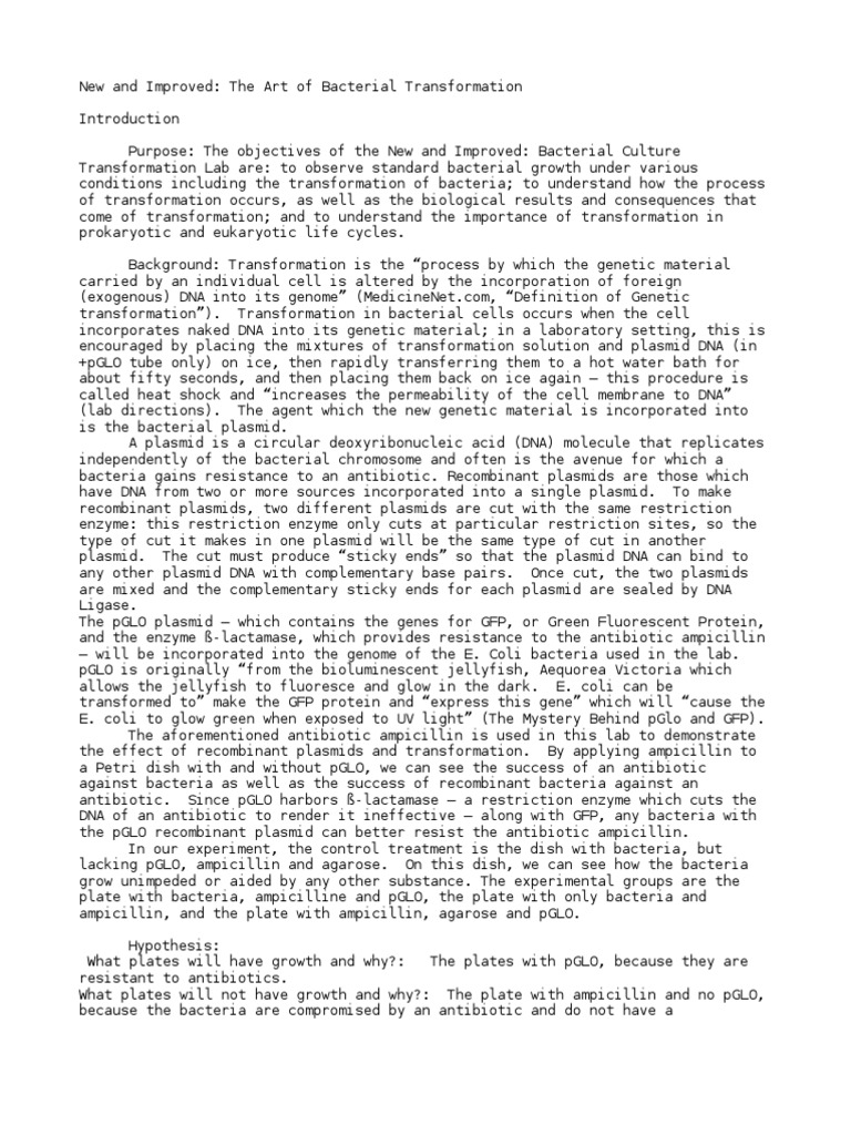 Bacterial Transformation Lab Guide | PDF | Transformation (Genetics ...