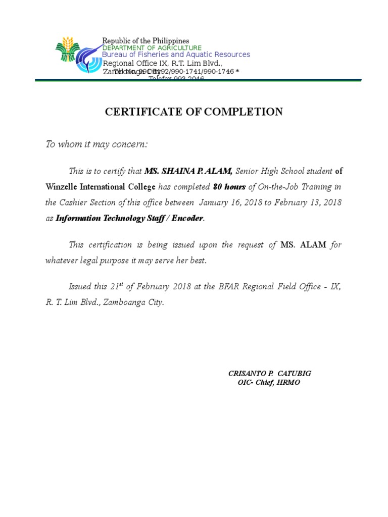 Certificate of Completion Ojt | PDF | Business