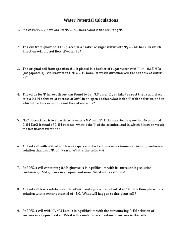 Water Potential Practice Questions | PDF | Concentration | Chemical ...