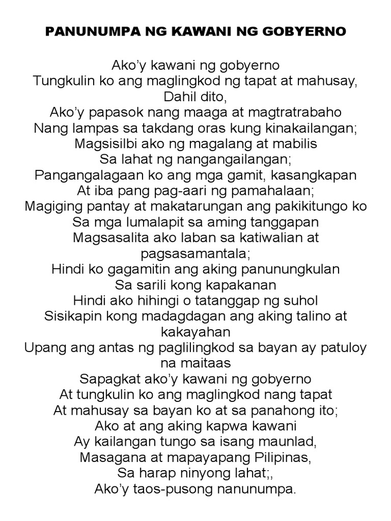 Panunumpa NG Kawani NG Gobyerno Printable File | PDF