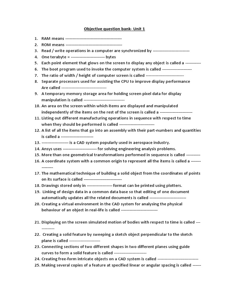 CAD/CAM - Objective Questions - Unit1 | PDF | Computer Data Storage | Computer Aided Design