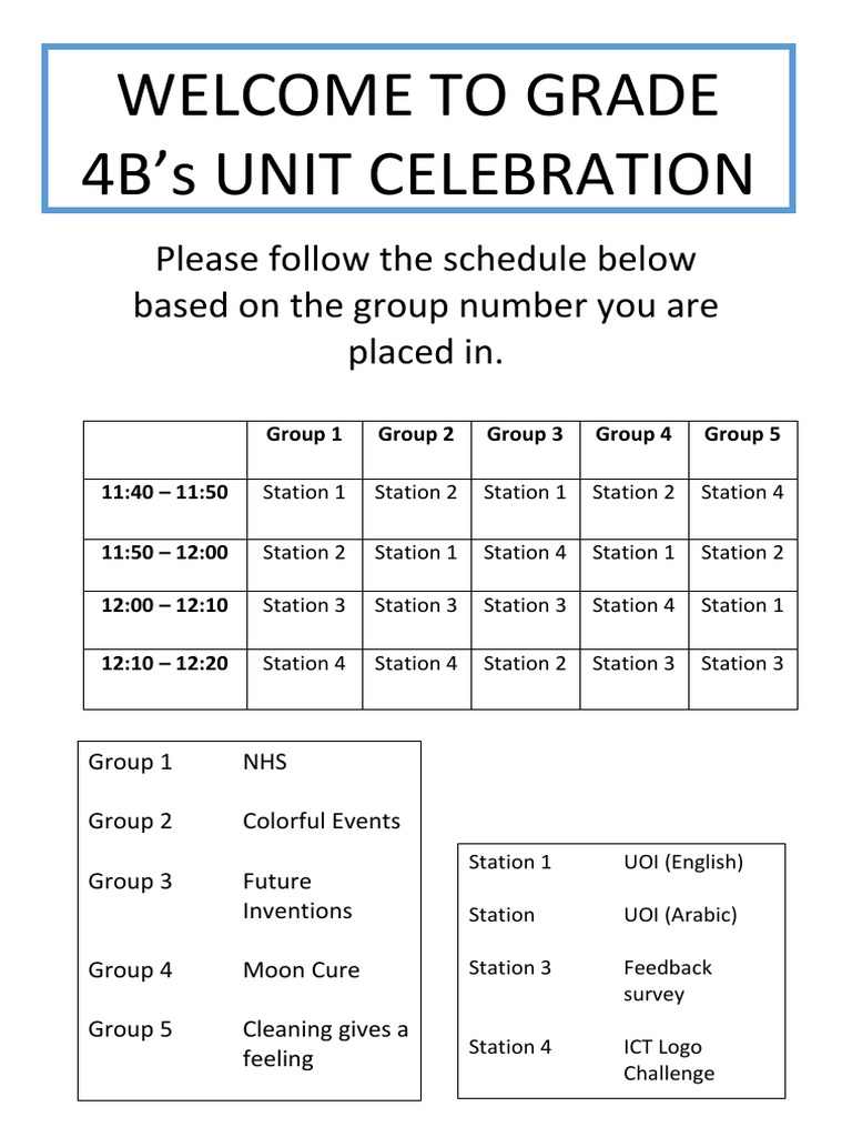 Welcome To Grade 4B'S Unit Celebration: Please Follow The Schedule ...