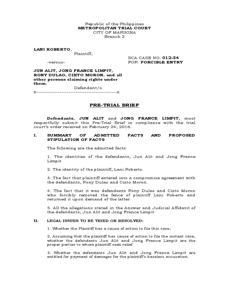 Pre-Trial Brief: Legal Issues To Be Tried or Resolved | PDF | Lawsuit | Legal Procedure
