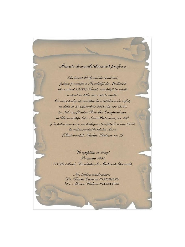 Invitatie Revedere 20 de Ani Absolvire Medicina Vasile Goldis Arad 1998 ...
