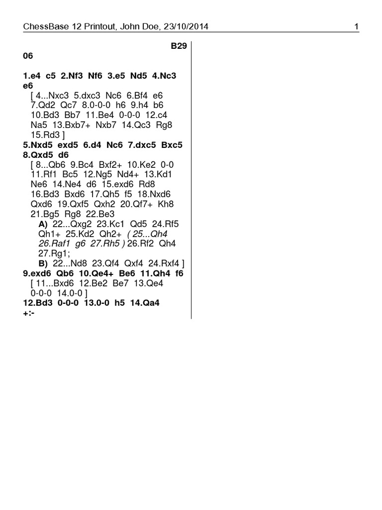 B29 06 1.E4 C5 2.Nf3 Nf6 3.E5 Nd5 4.Nc3 E6: Chessbase 12 Printout, John ...