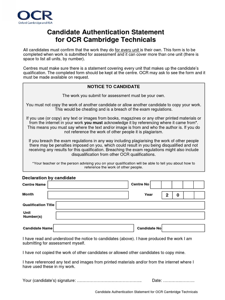 Candidate Authentication Statement For Ocr Cambridge Technicals | PDF | Plagiarism