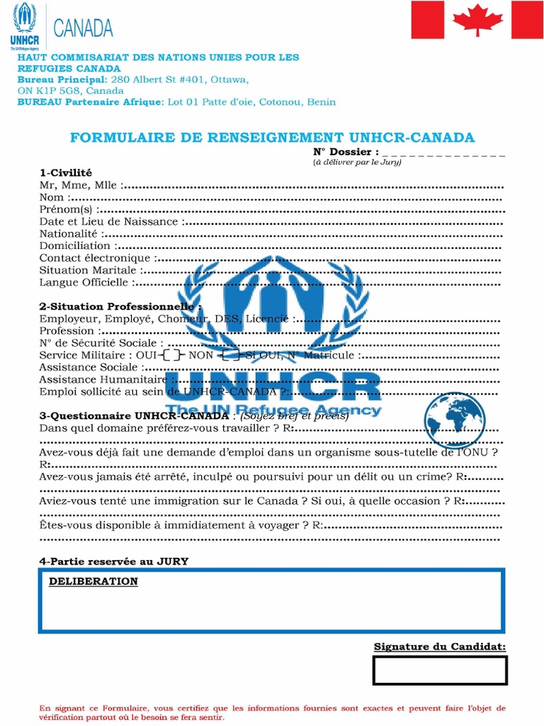 Formulaire de Renseignement Unhcr-Canada 2017 | PDF