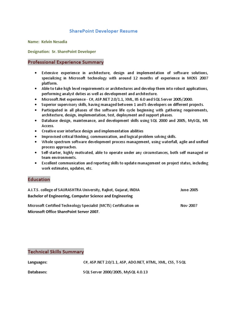 SharePoint Developer Resume SEO | PDF | Share Point | Microsoft Sql Server