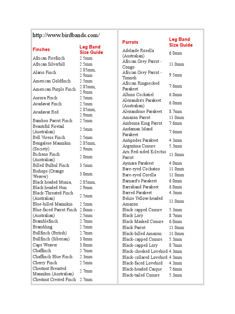 Leg Band Size Guide | PDF