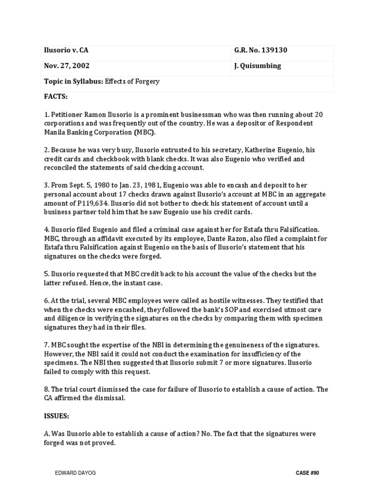 90 Ilusorio v. CA Digest (Dayog) | PDF | Negligence | Forgery