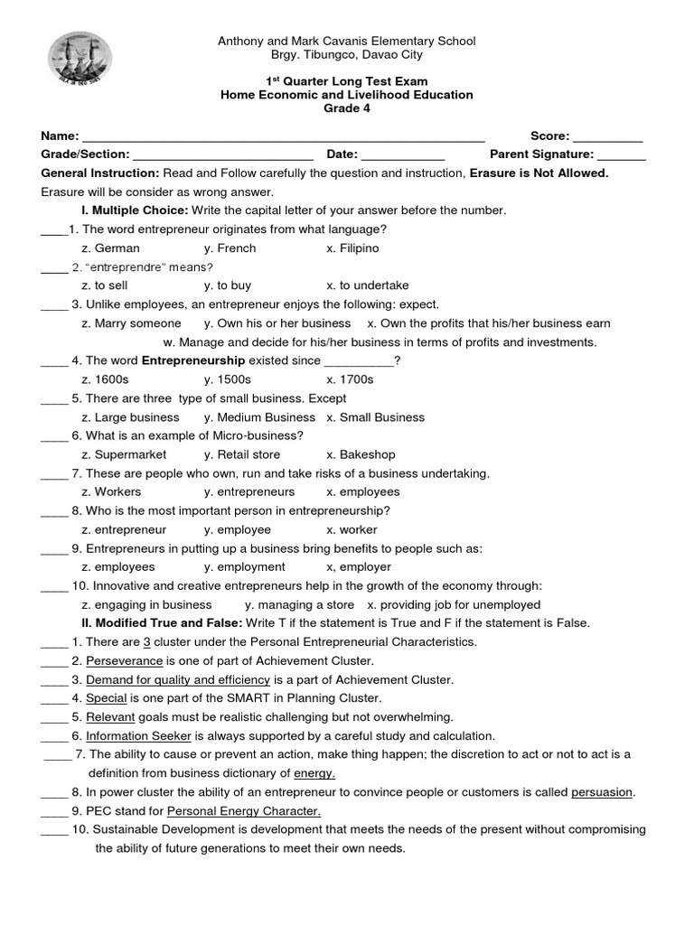 Grade 4 1st Quarter Long Test | PDF | Entrepreneurship | Employment