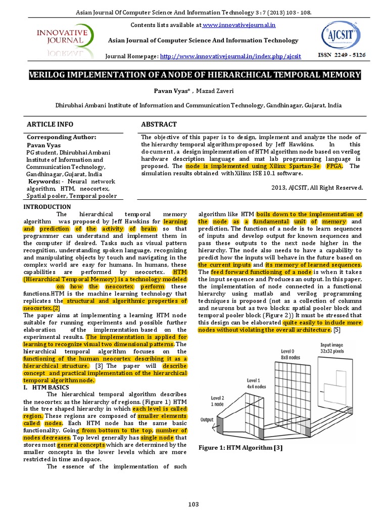 Implementation of a Node of Hierarchical Temporal Memory Using Verilog Hardware Description ...