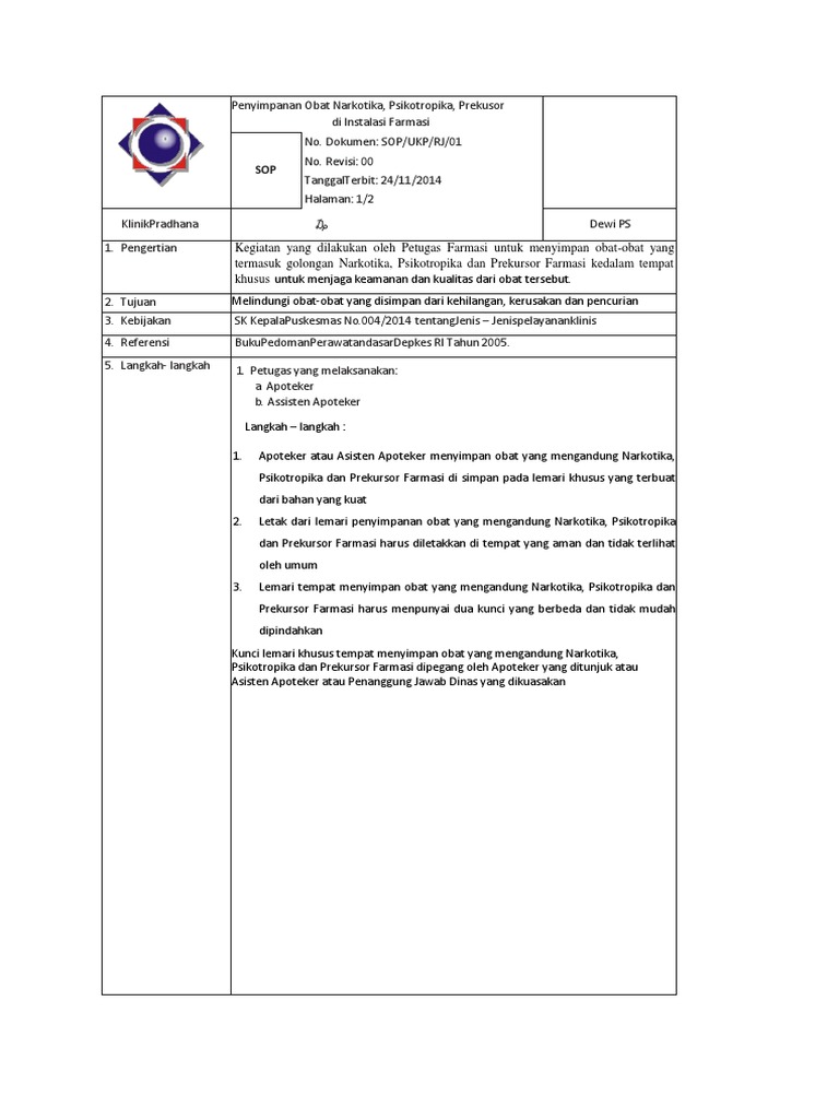 SOP Penyimpanan Obat Narko, Psiko, Prekusor Di Farmasi Pradhana | PDF