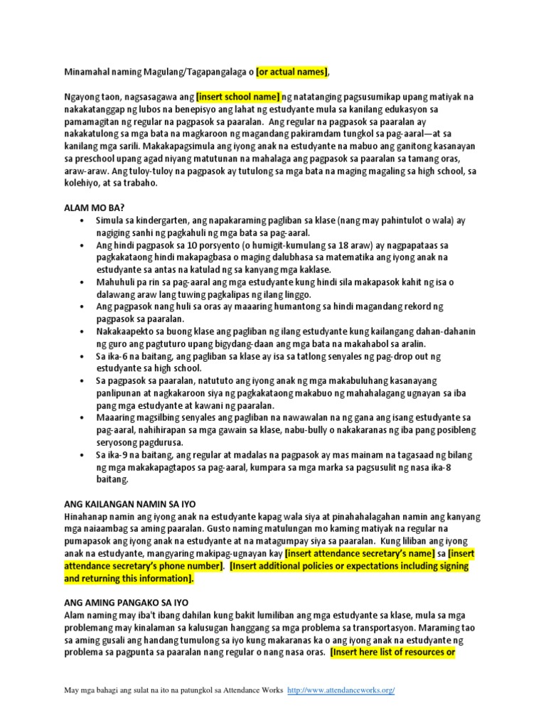 Attendance Letter Template-Tagalog | PDF