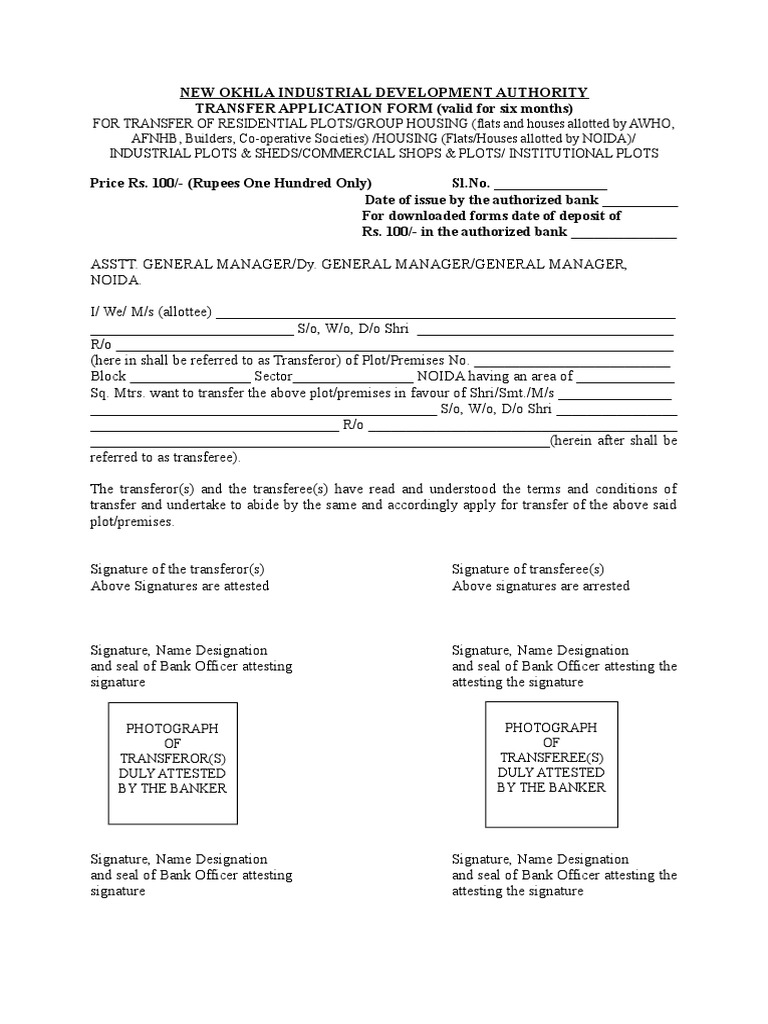 NOIDA Property Transfer Application Form | PDF | Lease | Notary Public