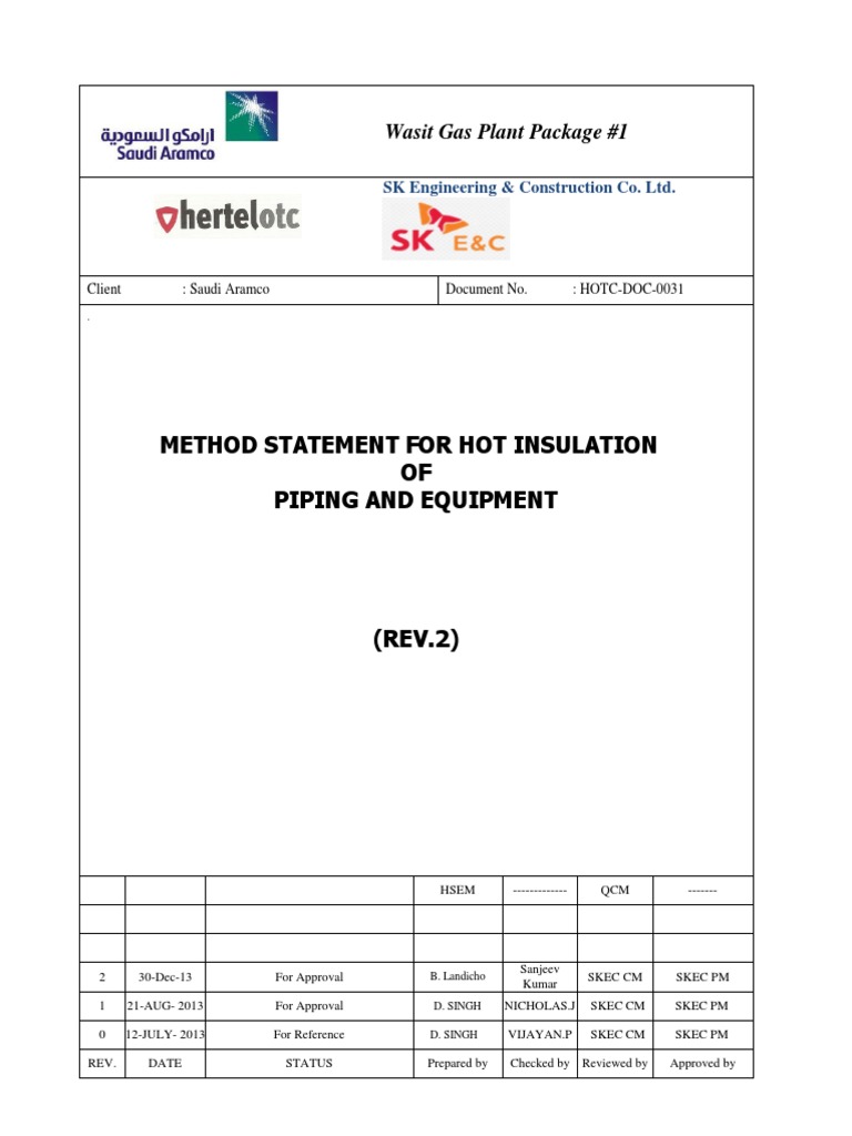 Method Statement-Hot Insulation-Piping PDF | PDF | Thermal Insulation | Pipe (Fluid Conveyance)