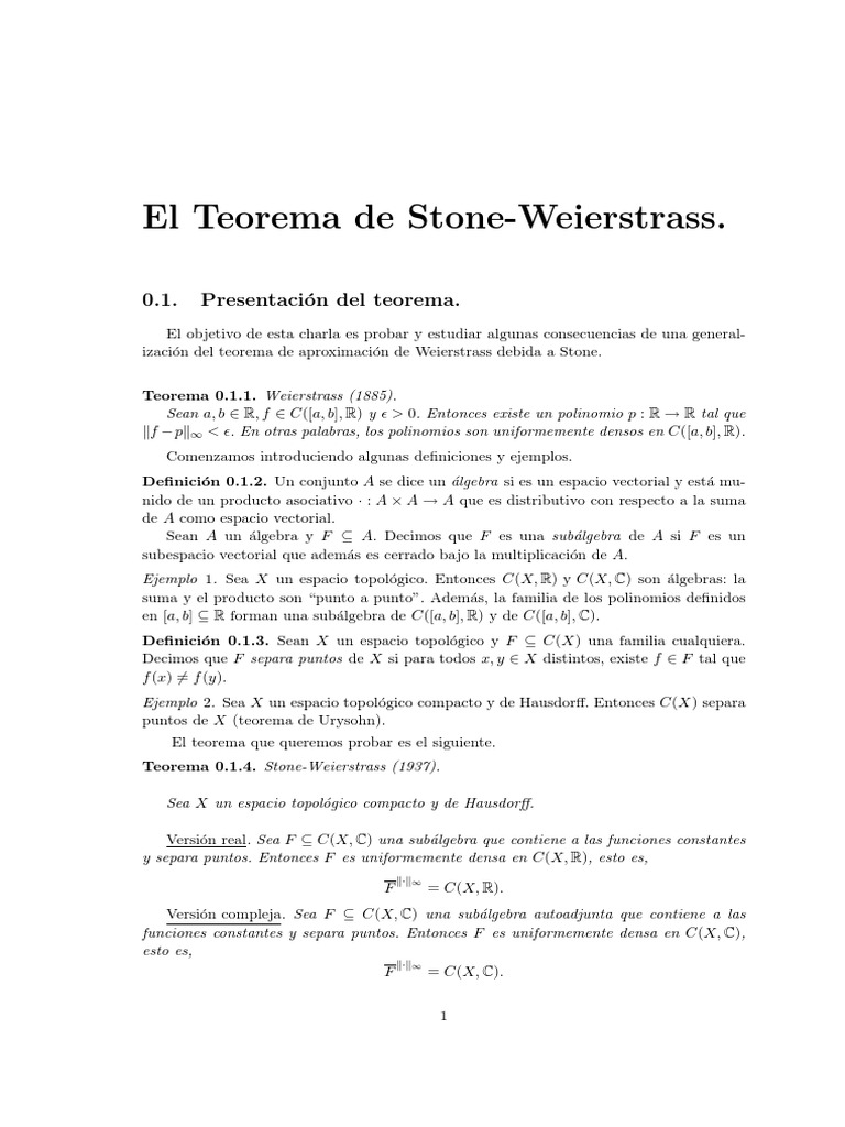 Teorema de Stone-Weierstrass. | PDF | Topología | Función (Matemáticas)