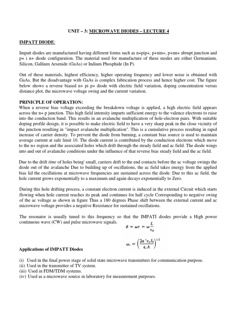 Unit - 3: Microwave Diodes - Lecture 4 Impatt Diode | PDF | Diode | Electricity