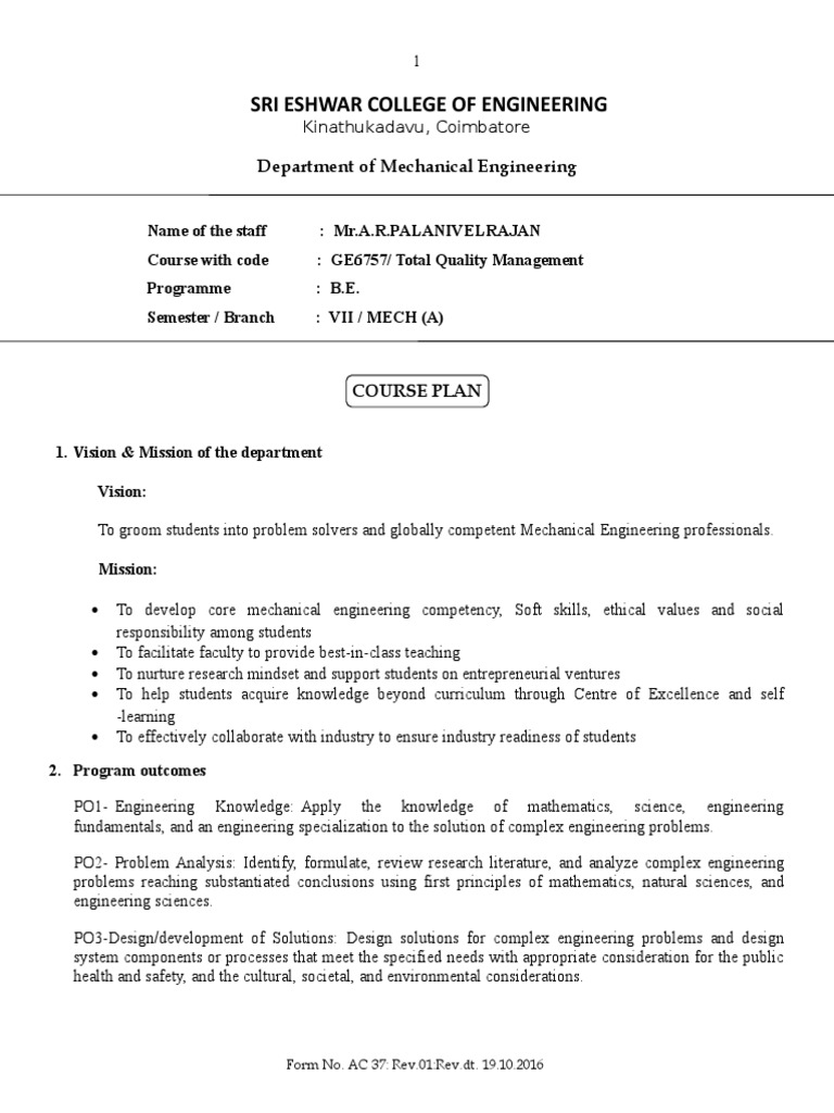 TQM Course Plan MECH REV 4 | PDF | Engineering | Quality Management
