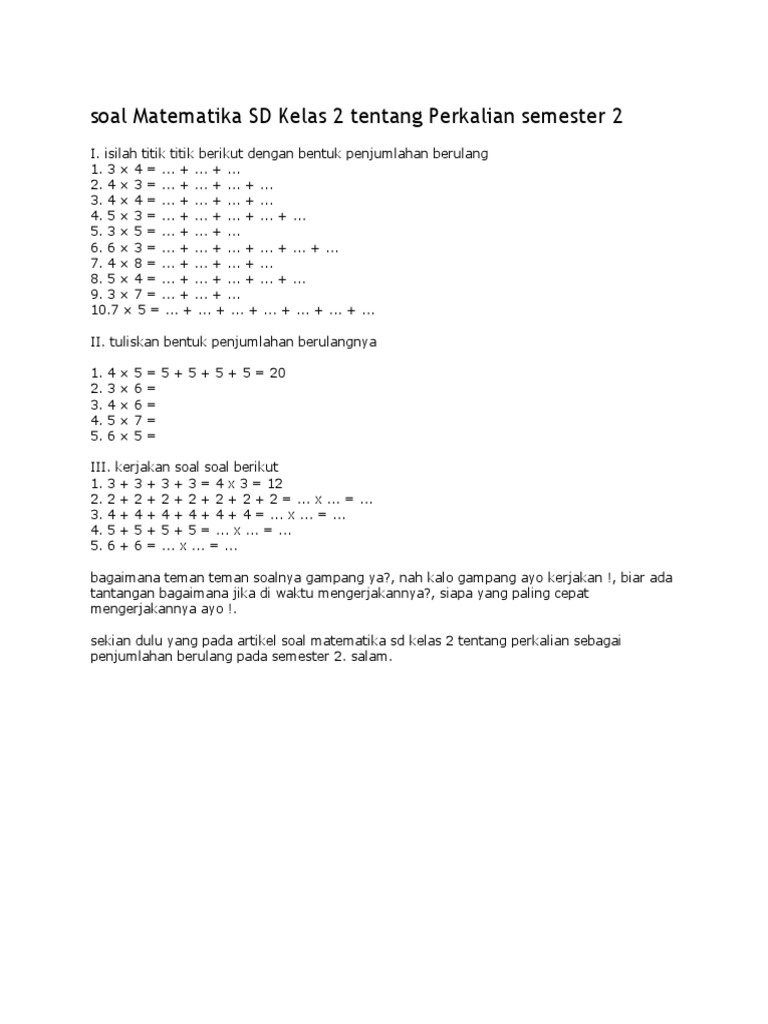 Soal Matematika SD Kelas 2 Tentang Perkalian Semester 2 | PDF