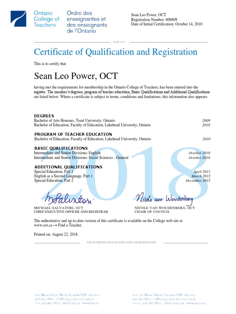 Oct Certificate 2018 | PDF