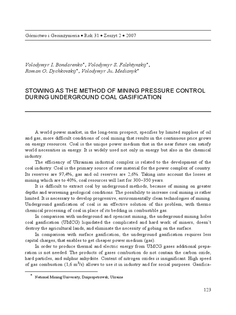 Stowing As The Method of Mining Pressure Control During Underground ...