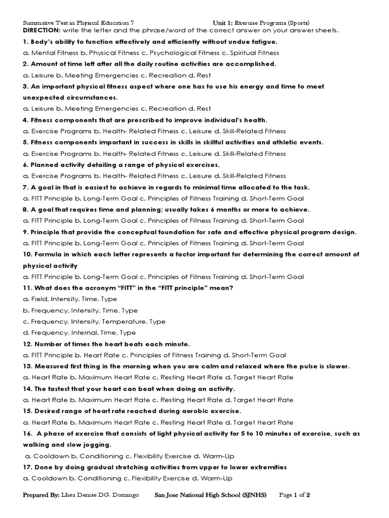 1Q Summative For Physical Education | PDF | Physical Fitness | Heart Rate