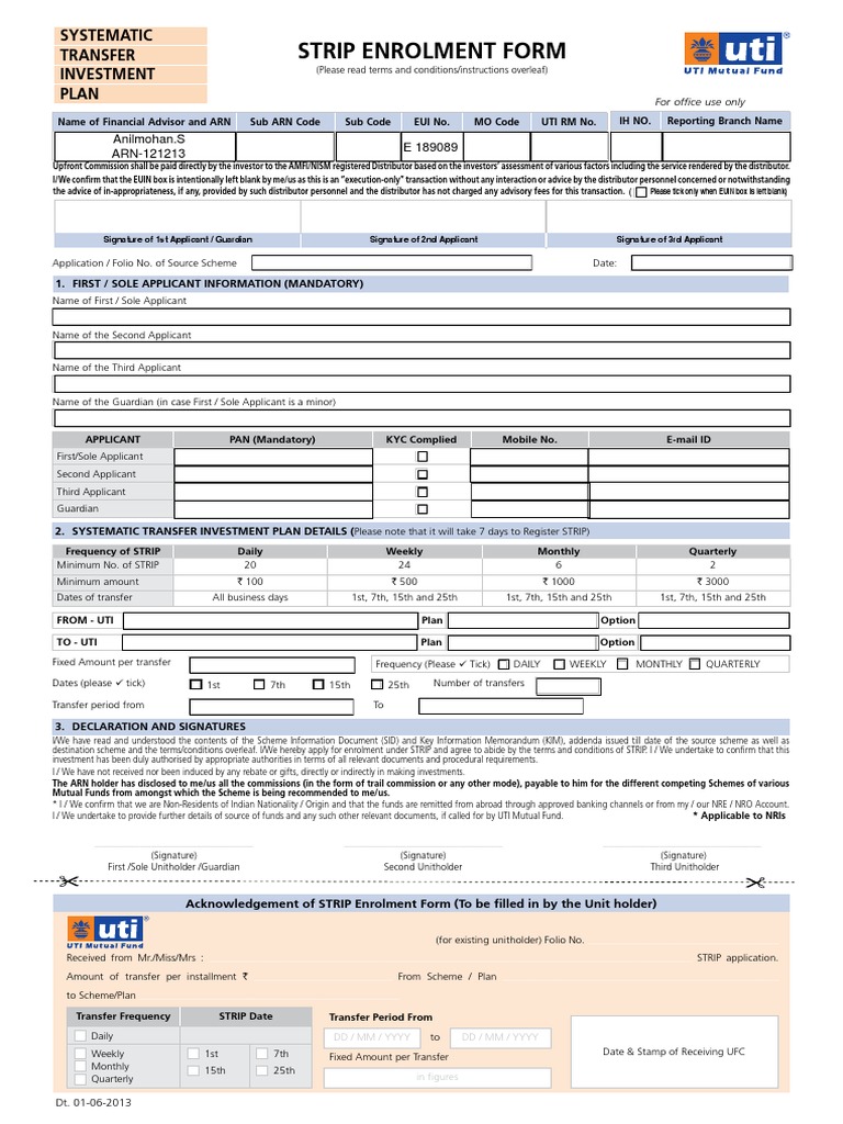 UTI STRIP Enrolment Form | PDF | Government | Investing