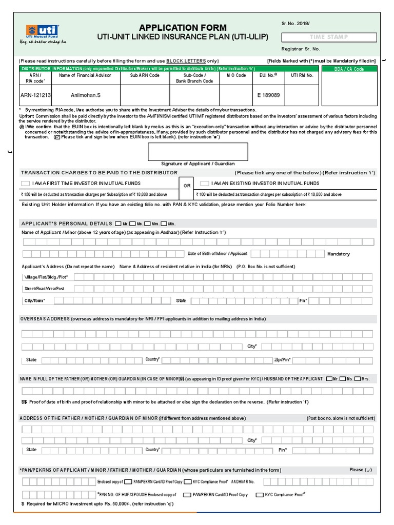 UTI - Unit Linked Insurance Plan (UTI-ULIP) New Aplication Form | PDF ...
