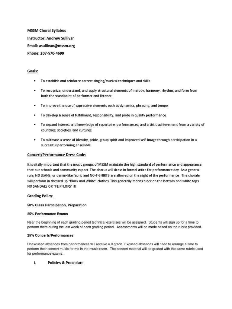 2018 MSSM Choral Syllabus | PDF | Choir | Rubric (Academic)