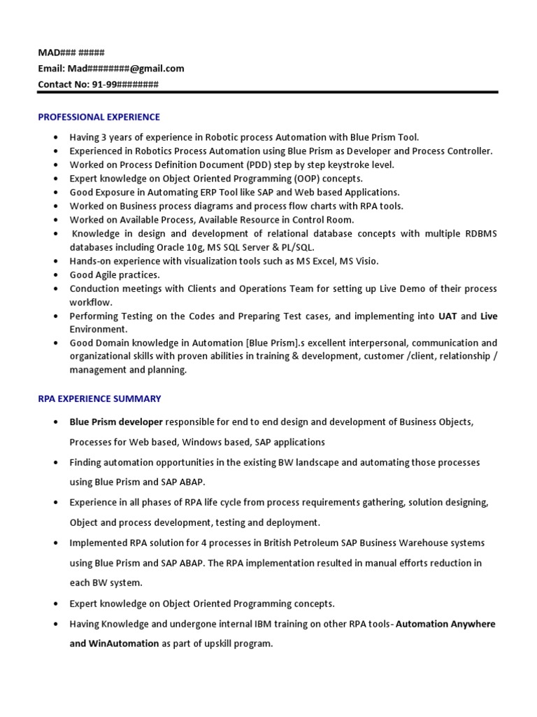 Blue Prism RPA Developer Resume | PDF | Business Process | Microsoft ...
