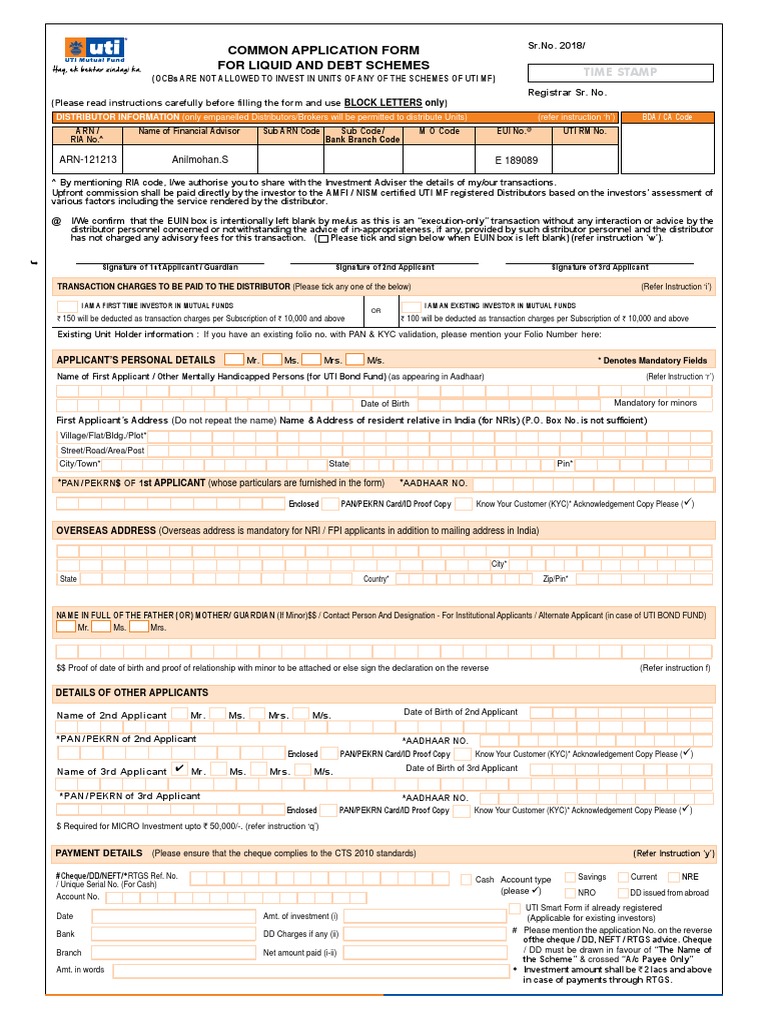 UTI - New Common Application Form For Liquid and Debt Schemes (Editable ...