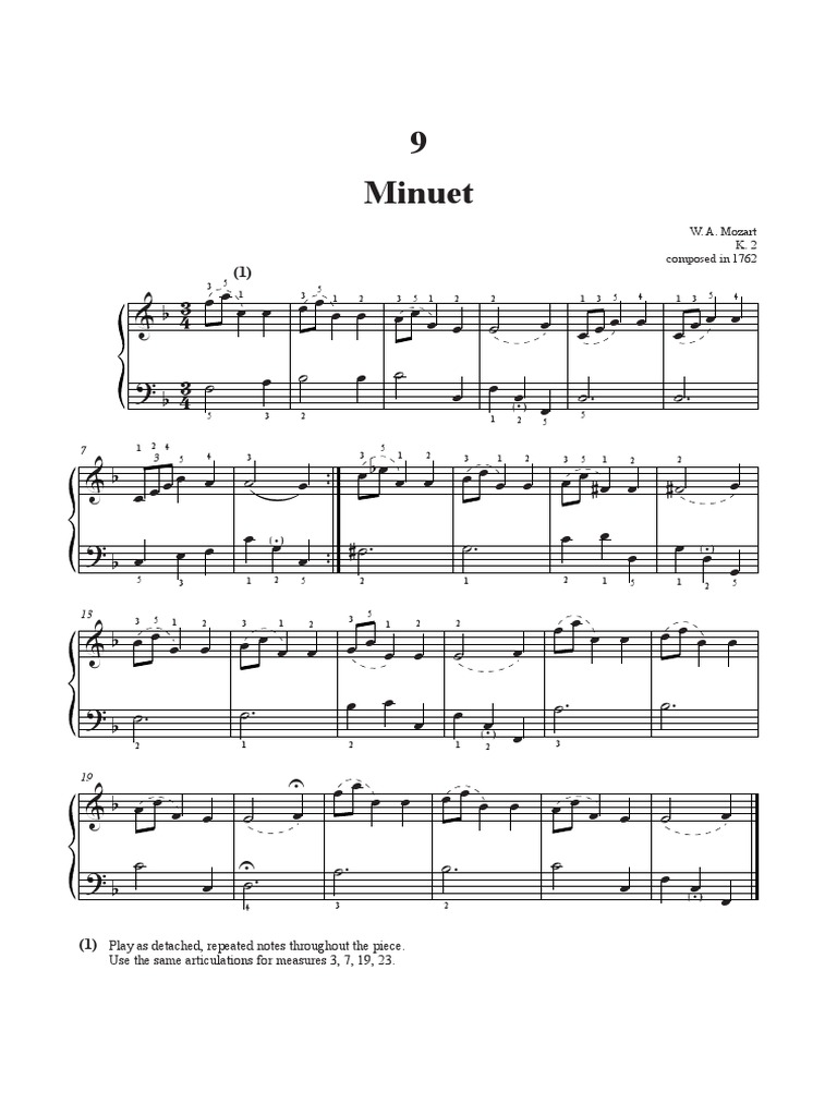 9 Minuet: W. A. Mozart K. 2 Composed in 1762 | PDF | Classical Music ...