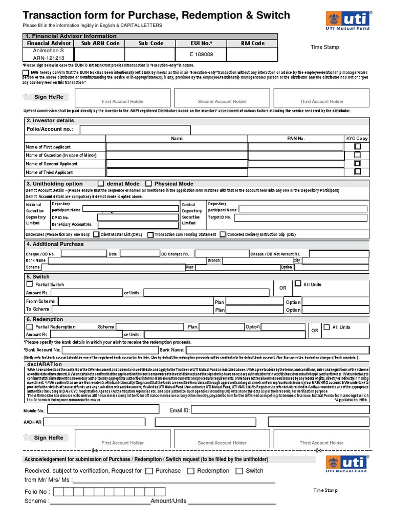 UTI - New Editable Transaction Application Form For Purchase Redemption ...