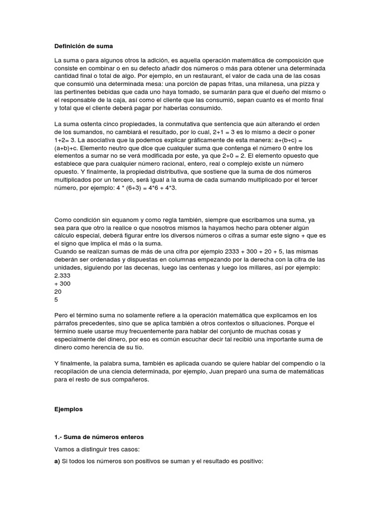 Definición y propiedades de la suma | PDF | Sustracción | Multiplicación