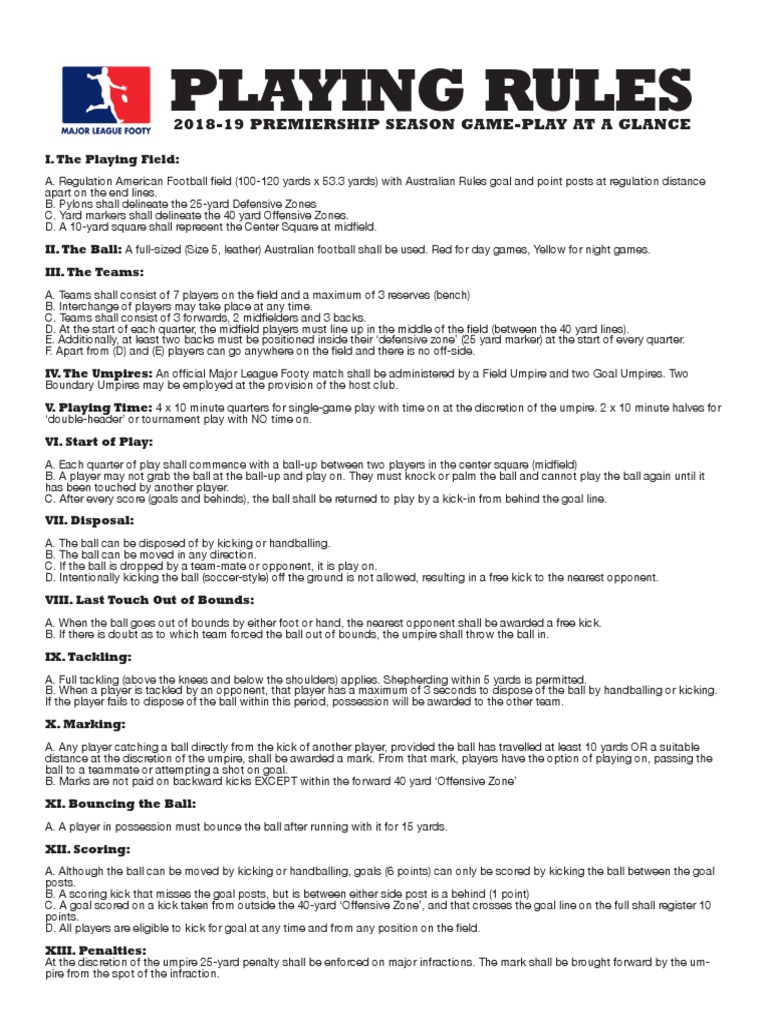 Australian Football Game Rules Overview | PDF | Ball Games | Sports