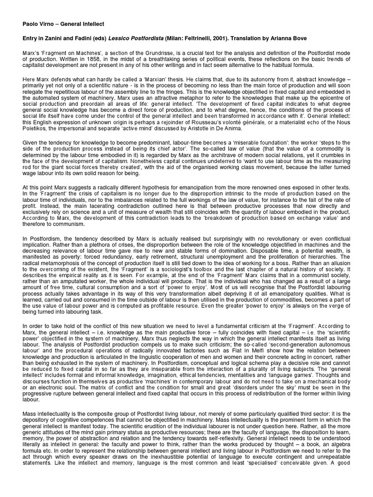 Paolo Virno-General Intellect | PDF | Nous | Labour Economics