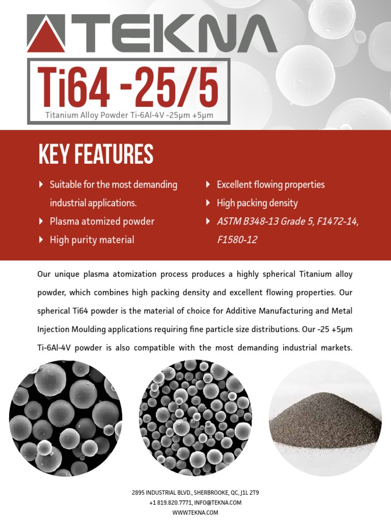 Tekna Titanium Alloy Powder Ti 6al 4V 25 5 | PDF | Titanium | Chemistry