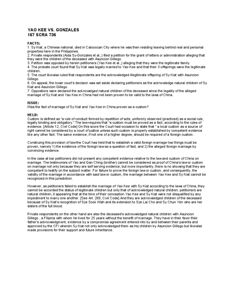 DIGEST - Yao Kee V Sy - Gonzales | PDF | Marriage | Evidence