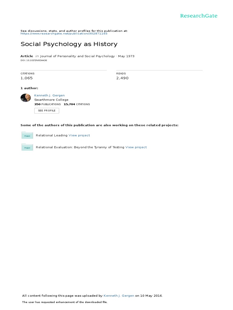 Gergen, K. (1973) Social Psychology As History | PDF | Social ...
