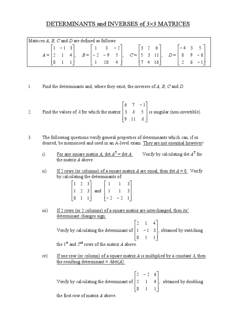 Determinants and Inverses of 3x3 Matrices | PDF | Determinant | Matrix ...