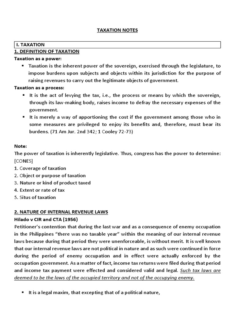 Taxation Notes I. Taxation 1. Definition of Taxation Taxation As A ...