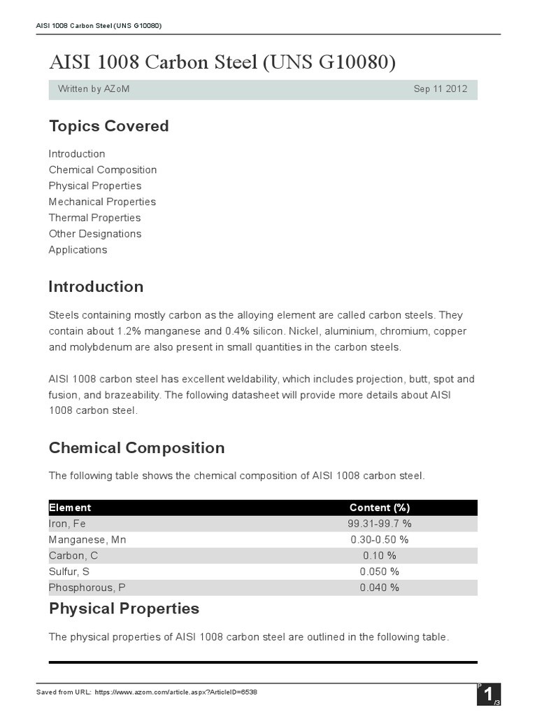 Aisi 1008 Carbon Steel (Uns g10080) | PDF | Steel | Metals