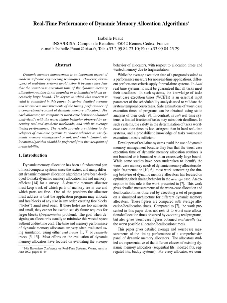 Real-Time Performance of Dynamic Memory Allocation Algorithms | PDF | Real Time Computing ...