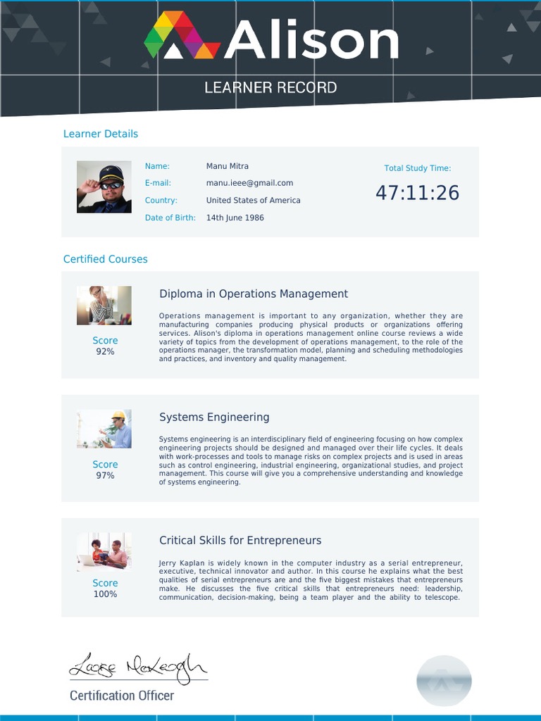 Alison Learner Record | Quality Management | Strategic Management